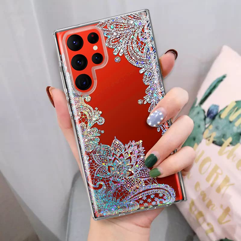 Coolwee Clear Glitter for Galaxy S22 Ultra - 6.8" Thin Flower Slim Cute Crystal Lace Bling Women Girl Floral Plastic Hard Back Soft TPU Bumper Protective Cover for Samsung S22 Ultra Mandala Henna