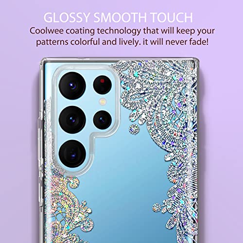 Coolwee Clear Glitter for Galaxy S22 Ultra - 6.8" Thin Flower Slim Cute Crystal Lace Bling Women Girl Floral Plastic Hard Back Soft TPU Bumper Protective Cover for Samsung S22 Ultra Mandala Henna