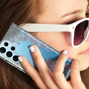 Coolwee Clear Glitter for Galaxy S22 Ultra - 6.8" Thin Flower Slim Cute Crystal Lace Bling Women Girl Floral Plastic Hard Back Soft TPU Bumper Protective Cover for Samsung S22 Ultra Mandala Henna