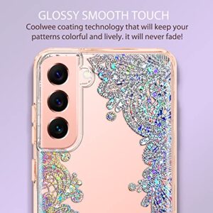 Coolwee Anti Yellowing Clear Glitter for Samsung Galaxy S22 Plus, 6.6 inch, Thin Flower Slim Cute Crystal Lace Bling Women Girls Floral Plastic Hard Back Soft TPU Bumper Protective Cover Mandala Henna