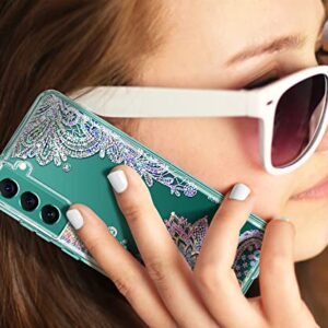 Coolwee Anti Yellowing Clear Glitter for Samsung Galaxy S22 Plus, 6.6 inch, Thin Flower Slim Cute Crystal Lace Bling Women Girls Floral Plastic Hard Back Soft TPU Bumper Protective Cover Mandala Henna