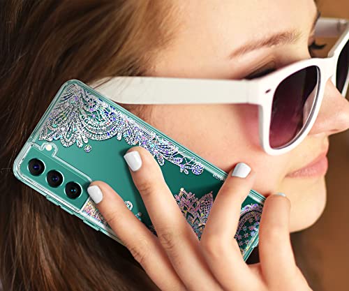 Coolwee Anti Yellowing Clear Glitter for Samsung Galaxy S22 Plus, 6.6 inch, Thin Flower Slim Cute Crystal Lace Bling Women Girls Floral Plastic Hard Back Soft TPU Bumper Protective Cover Mandala Henna