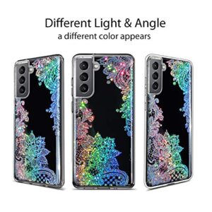 Coolwee Anti Yellowing Clear Glitter for Samsung Galaxy S22 Plus, 6.6 inch, Thin Flower Slim Cute Crystal Lace Bling Women Girls Floral Plastic Hard Back Soft TPU Bumper Protective Cover Mandala Henna