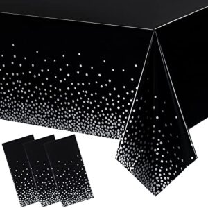 3 pieces dot tablecloth confetti rectangle plastic disposable table cover for birthday wedding baby shower engagement anniversary bachelorette party, 54 x 108 inch (black and silver)