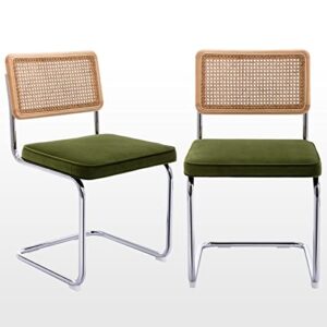 zesthouse mid century modern dining chairs set of 2, velvet accent chairs with natural cane back & stainless chrome base, famous breuer designed chairs, upholstered rattan kitchen chairs,green