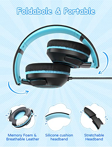 FIUPIA Kids Headphones with Microphone for School, Volume Limit 85/94dB, Stereo Sound, Over-Ear Kids Headphones for Girls Boys, Foldable Kids Headphones Wired for School/Travel/iPad/Fire Tablet