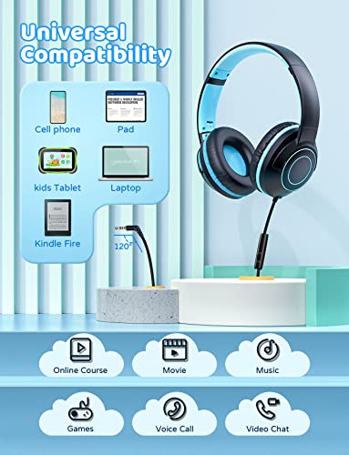 FIUPIA Kids Headphones with Microphone for School, Volume Limit 85/94dB, Stereo Sound, Over-Ear Kids Headphones for Girls Boys, Foldable Kids Headphones Wired for School/Travel/iPad/Fire Tablet