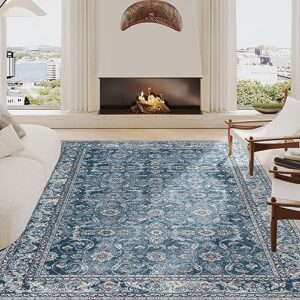 jinchan area rug 5x7 washable rug blue vintage rug traditional floor cover foldable thin rug retro kitchen accent rug indoor distressed non slip carpet floral print mat bedroom living room bathroom