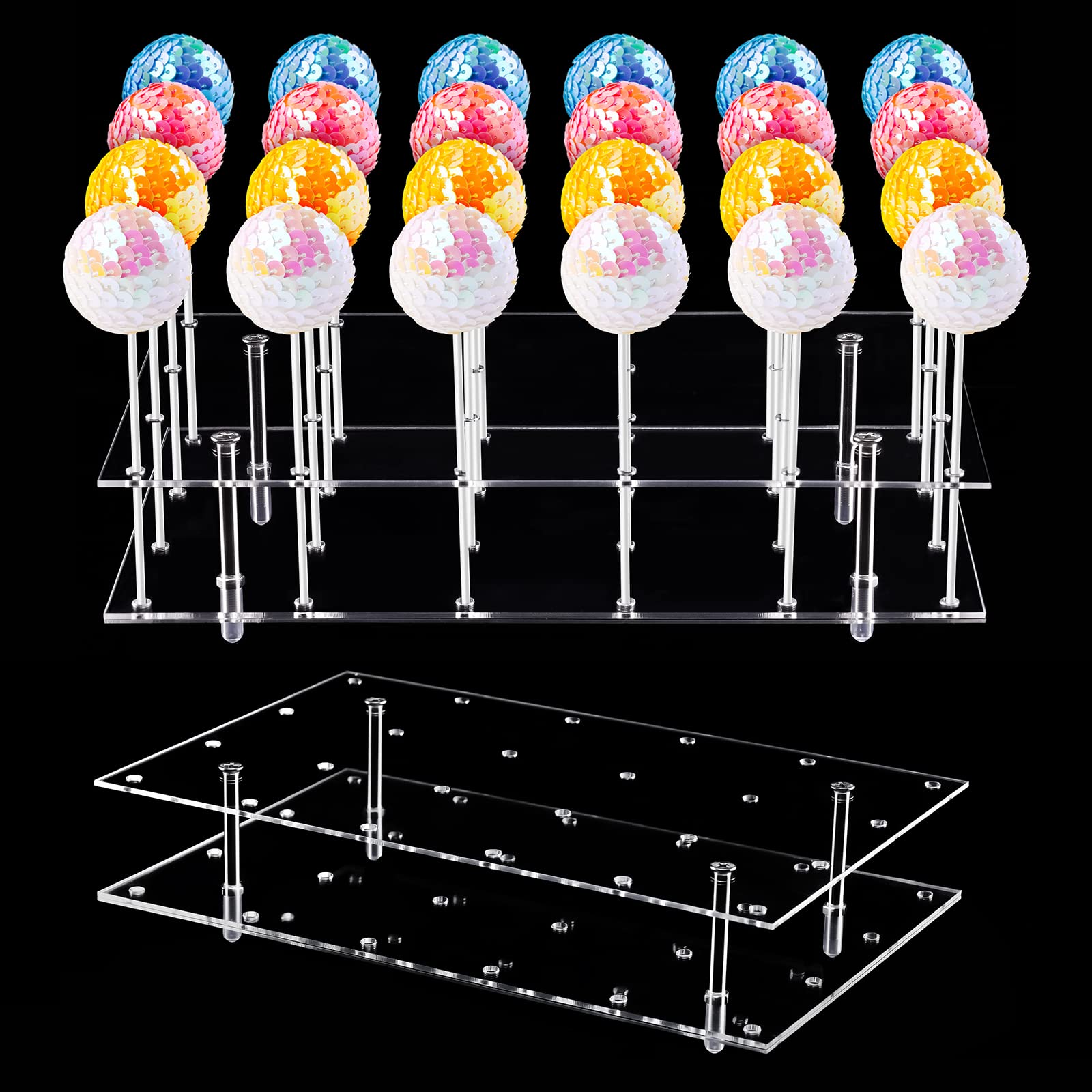 NiHome Cake Pop Stand 24 Holes Aryclic Display Stands for Dessert Table 2-Tier Cupcake Lollipop Candy Display for Wedding Party Anniversary Holiday Celebration (Rectangle)