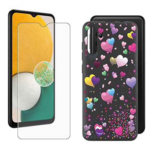 Ikiiqii Cover for Samsung Galaxy A13 5G case Shell Soft Silicone Black Phone Protective Cases TPU + 9H Hardness HD Tempered Glass Screen Protector Film Protection - Romantic Balloon