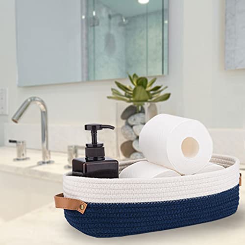 Oradrem Set of 2 Toilet Basket,Woven Storage Basket for Toilet Tank Top Farmhouse Home Decor Organizing Baskets 13"x5.9"x4" Navy Stitching White