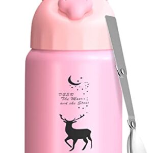 Kids Water Bottle-13 Oz Lunch Container Leak Proof Thermal Flask With Folding Spoon,Double Walled Thermos (Pink)