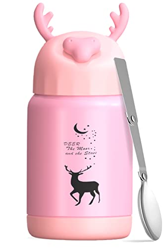 Kids Water Bottle-13 Oz Lunch Container Leak Proof Thermal Flask With Folding Spoon,Double Walled Thermos (Pink)