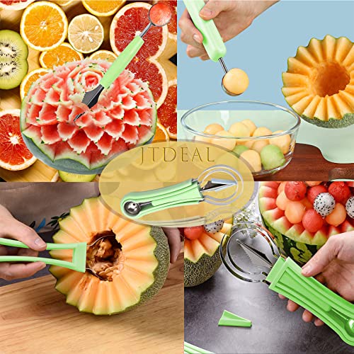 JTDEAL Melon Ball Scoop Set, Multifunctional 4 in 1 Stainless Steel Fruit Carving Tool Knife Set, Fruit Platter Carving Fruit Plate Small Tool, Cantaloupe Watermelon Ball Scoop (Green)