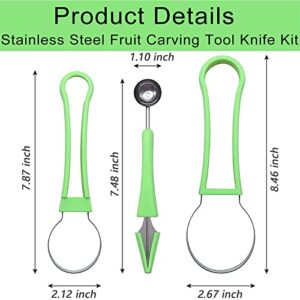 JTDEAL Melon Ball Scoop Set, Multifunctional 4 in 1 Stainless Steel Fruit Carving Tool Knife Set, Fruit Platter Carving Fruit Plate Small Tool, Cantaloupe Watermelon Ball Scoop (Green)