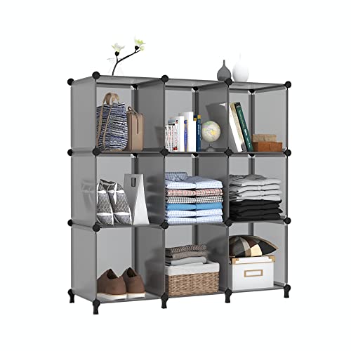 AWTATOS Cube Storage Organizer Modular Storage Cubes Bookshelf Stackable Closet Storage Shelves DIY Plastic 9 Cube Organizer Shelving, Ideal Storage Solution for Bedroom, Home Office, Grey