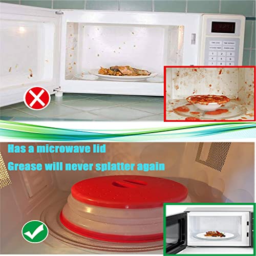 KAZETEC Upgrade Microwave Cover for food, Vented Microwave Splatter Cover, microwave cover for food, Multi-Purpose Colander Kitchen Gadget for Food & Meal Prep, Easy Grip Lid-red-2 sets