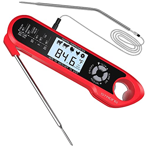 Roses&Poetry Meat Thermometer Digital Food Thermometer with 2 Probes, Alarm Setting,Backlight Large Screen,Waterproof Instant Read Cooking Thermometer for Meat,BBQ Smoker Oven (Red)