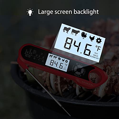 Roses&Poetry Meat Thermometer Digital Food Thermometer with 2 Probes, Alarm Setting,Backlight Large Screen,Waterproof Instant Read Cooking Thermometer for Meat,BBQ Smoker Oven (Red)