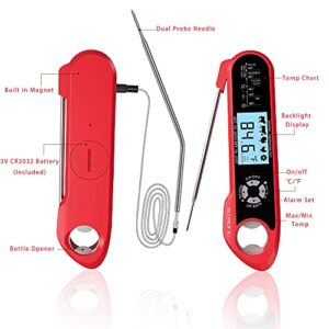 Roses&Poetry Meat Thermometer Digital Food Thermometer with 2 Probes, Alarm Setting,Backlight Large Screen,Waterproof Instant Read Cooking Thermometer for Meat,BBQ Smoker Oven (Red)