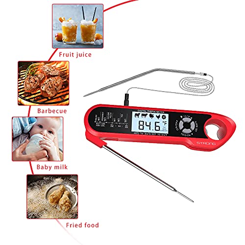 Roses&Poetry Meat Thermometer Digital Food Thermometer with 2 Probes, Alarm Setting,Backlight Large Screen,Waterproof Instant Read Cooking Thermometer for Meat,BBQ Smoker Oven (Red)