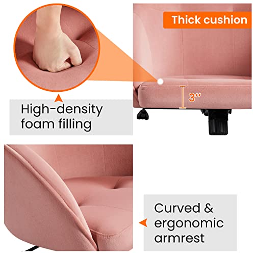 Yaheetech Velvet Desk Chair, Makeup Vanity Chair with Adjustable Tilt Angle, Modern Swivel Office Chair Upholstered Armchair Study Chair for Living Room and Makeup Room Pink