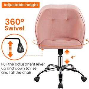 Yaheetech Velvet Desk Chair, Makeup Vanity Chair with Adjustable Tilt Angle, Modern Swivel Office Chair Upholstered Armchair Study Chair for Living Room and Makeup Room Pink