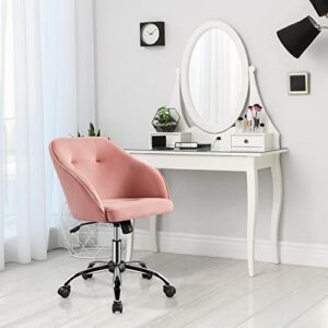 Yaheetech Velvet Desk Chair, Makeup Vanity Chair with Adjustable Tilt Angle, Modern Swivel Office Chair Upholstered Armchair Study Chair for Living Room and Makeup Room Pink