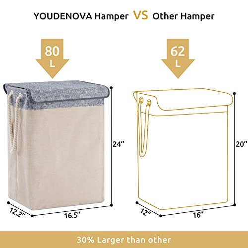 YOUDENOVA Collapsible Laundry Basket with Lid, 80L Clothes-Hamper for Bedroom with Handles, Freestanding Hamper with Lid, Foldable Laundry Hamper for Baby, Towels Blankets Toys Organizer. Grey