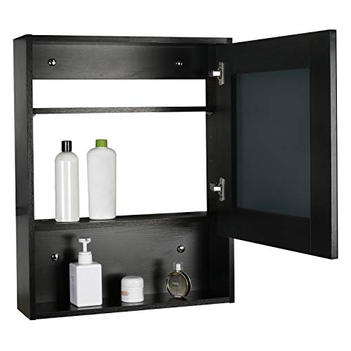 eclife 22" x 28" Modern Medicine Cabinet, Wall Mounted Wood Storage Cabinet with Mirror, Large Open Shelf for Bathroom, Black