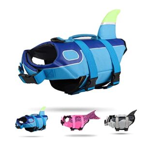 deenkk shark dog life jacket coat pet floatation vests adjustable lifesaver safety swimsuit preserver with rescue handle for small medium large dogs swimming boating, blue, xl