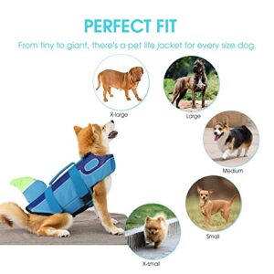 DEENKK Shark Dog Life Jacket Coat Pet Floatation Vests Adjustable Lifesaver Safety Swimsuit Preserver with Rescue Handle for Small Medium Large Dogs Swimming Boating, Blue, XL