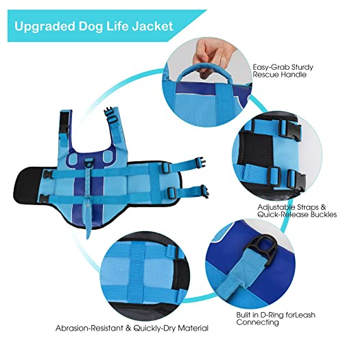 DEENKK Shark Dog Life Jacket Coat Pet Floatation Vests Adjustable Lifesaver Safety Swimsuit Preserver with Rescue Handle for Small Medium Large Dogs Swimming Boating, Blue, XL