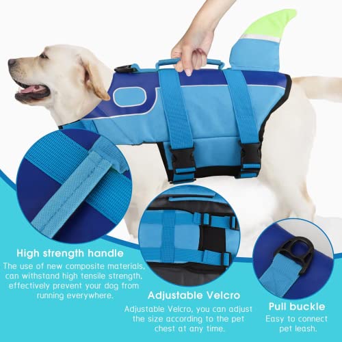 DEENKK Shark Dog Life Jacket Coat Pet Floatation Vests Adjustable Lifesaver Safety Swimsuit Preserver with Rescue Handle for Small Medium Large Dogs Swimming Boating, Blue, XL