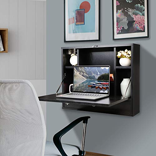 Sandinrayli Wall Mounted Desk, Fold Down Desk, Home Office Wooden Floor Type Floating Computer Desk with Drawer Storage Shelf and Partition, Black