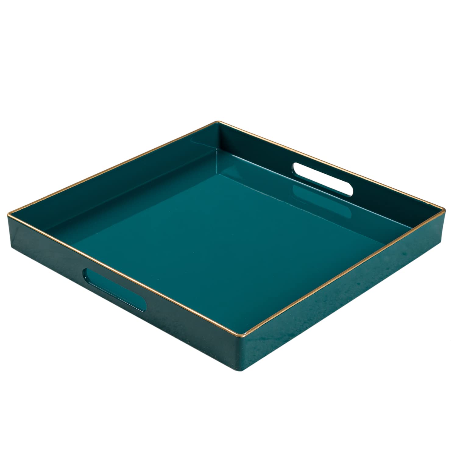 MAONAME Decorative Tray, Green Serving Tray with Handles, Coffee Table Tray, Square Plastic Tray for Ottoman, Bathroom, Kitchen, 13"x13"x1.57"