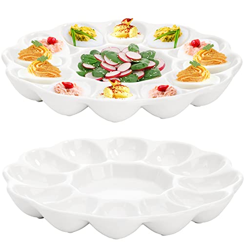 Hedume 2 Pack Deviled Egg Platter Tray, Ceramic 12-Cup Egg Dish, Egg Holder Container for Kitchen Refrigerator Countertop Display