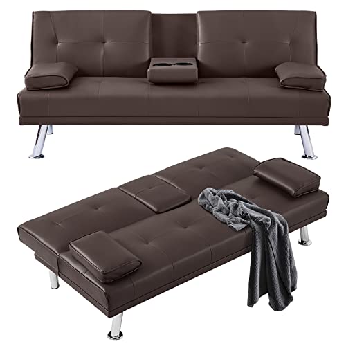 AWQM Sofa Bed,Leather Fabric Convertible Upholstered Folding Sofa, Multi-Functional Futon Sofa Couch for Compact Living Space, Apartment, Dorm, Removable Soft Armrest, 2 Cup Holders,67" Brown