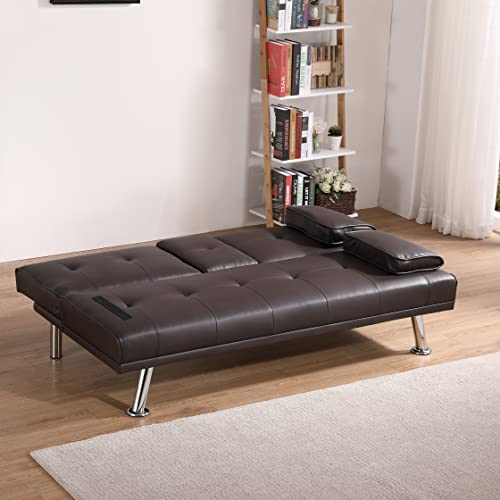 AWQM Sofa Bed,Leather Fabric Convertible Upholstered Folding Sofa, Multi-Functional Futon Sofa Couch for Compact Living Space, Apartment, Dorm, Removable Soft Armrest, 2 Cup Holders,67" Brown