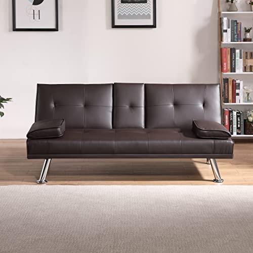 AWQM Sofa Bed,Leather Fabric Convertible Upholstered Folding Sofa, Multi-Functional Futon Sofa Couch for Compact Living Space, Apartment, Dorm, Removable Soft Armrest, 2 Cup Holders,67" Brown