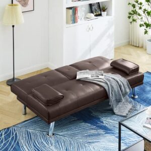 AWQM Sofa Bed,Leather Fabric Convertible Upholstered Folding Sofa, Multi-Functional Futon Sofa Couch for Compact Living Space, Apartment, Dorm, Removable Soft Armrest, 2 Cup Holders,67" Brown