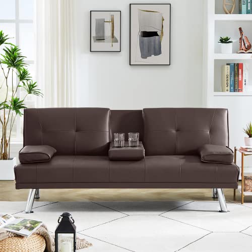 AWQM Sofa Bed,Leather Fabric Convertible Upholstered Folding Sofa, Multi-Functional Futon Sofa Couch for Compact Living Space, Apartment, Dorm, Removable Soft Armrest, 2 Cup Holders,67" Brown