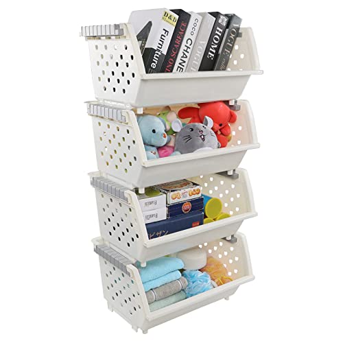 Sosody 4 Tier Plastic Basket Shelf, Large Stackable Pantry Bins