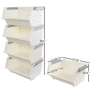 Sosody 4 Tier Plastic Basket Shelf, Large Stackable Pantry Bins