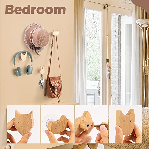 NUANNUAN 4 Pcs Cute Animal Hooks Wood Solid Wall Hanger, Creative Cat/Rabbit/Dog/Fox Shelf Reusable Cartoon Utility Hook for Kids Room Entryway Bedroom Key Coat Towels Hats Jackets Backpack Hanging