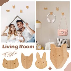 NUANNUAN 4 Pcs Cute Animal Hooks Wood Solid Wall Hanger, Creative Cat/Rabbit/Dog/Fox Shelf Reusable Cartoon Utility Hook for Kids Room Entryway Bedroom Key Coat Towels Hats Jackets Backpack Hanging