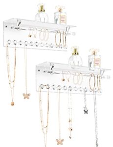 mymazn 2 pack acrylic necklace holder with shelf, 12 diamond shape hooks and removable bracelet rod, wall mounted jewelry organizer hanging jewelry rack clear jewelry hangers for necklace, bracelet