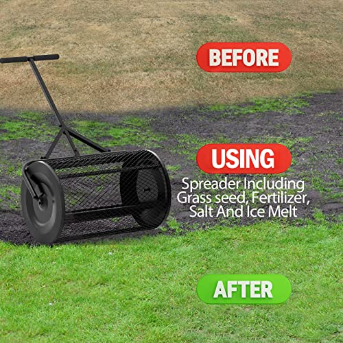 Walensee 24 Inch Compost Spreader Peat Moss Spreader with Upgrade T Shaped Handle for Planting Seeding Durable Lightweight Metal Mesh Spreader for Lawn and Garden Care Manure Spreaders Roller Patented