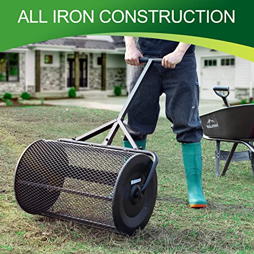 Walensee 24 Inch Compost Spreader Peat Moss Spreader with Upgrade T Shaped Handle for Planting Seeding Durable Lightweight Metal Mesh Spreader for Lawn and Garden Care Manure Spreaders Roller Patented