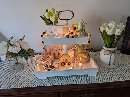 2 Tiered Tray, 2 Tier Wood Tiered Tray, 2 Tiered Tray Farmhouse,White Tiered Tray for Rustic Home Sweet Home Kitchen Decor for Valentine's Day Halloween Christmas Easter